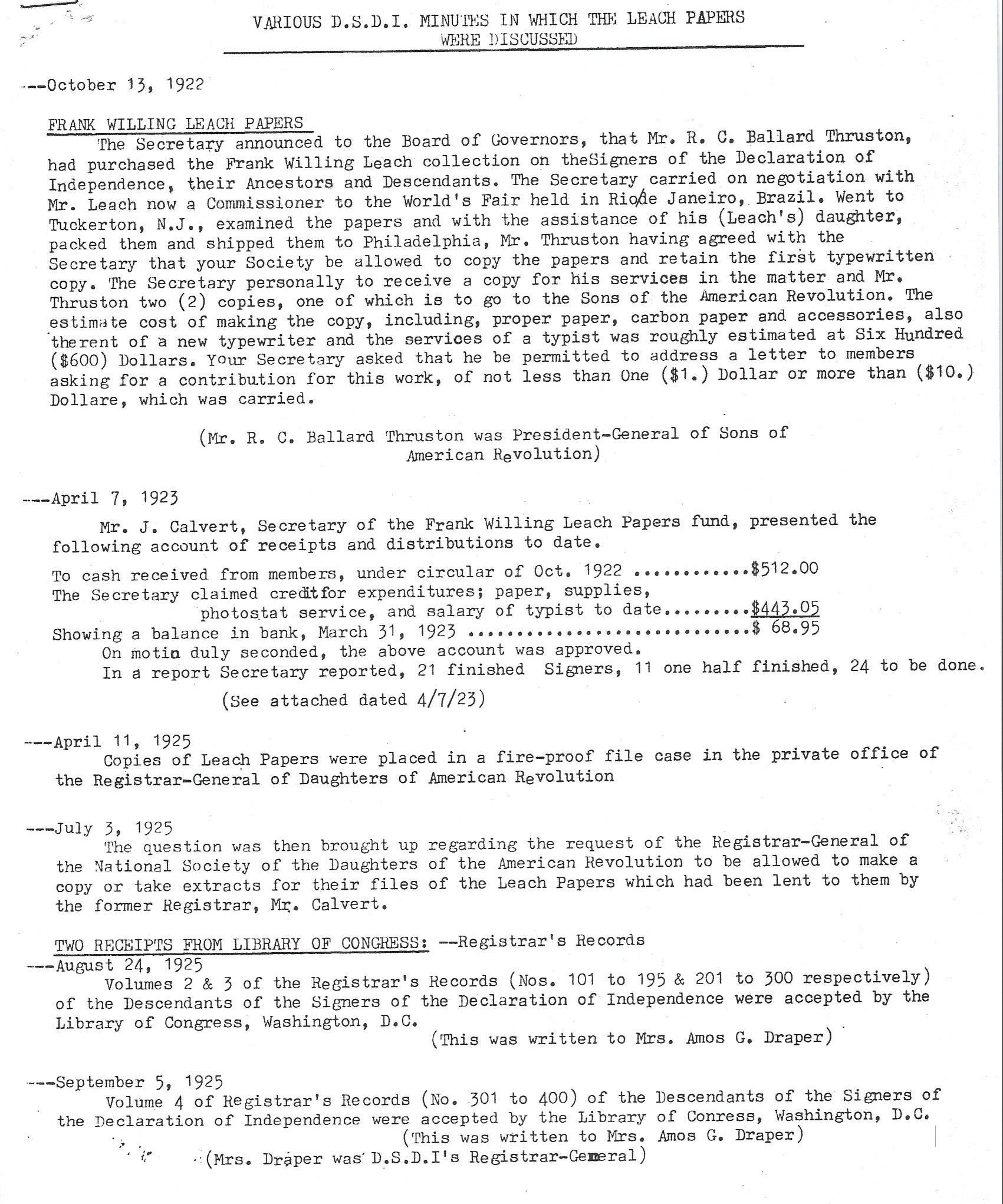 Preservation of the Leach Papers | Descendants of the Signers of the ...